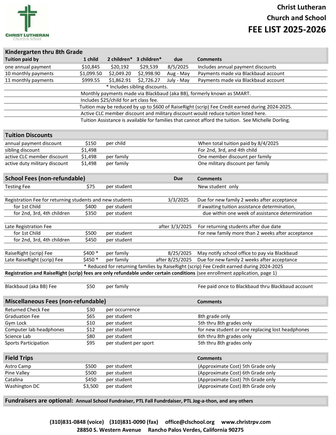 CLS Tuition & Fees: K-8th - Christ Lutheran Church & School